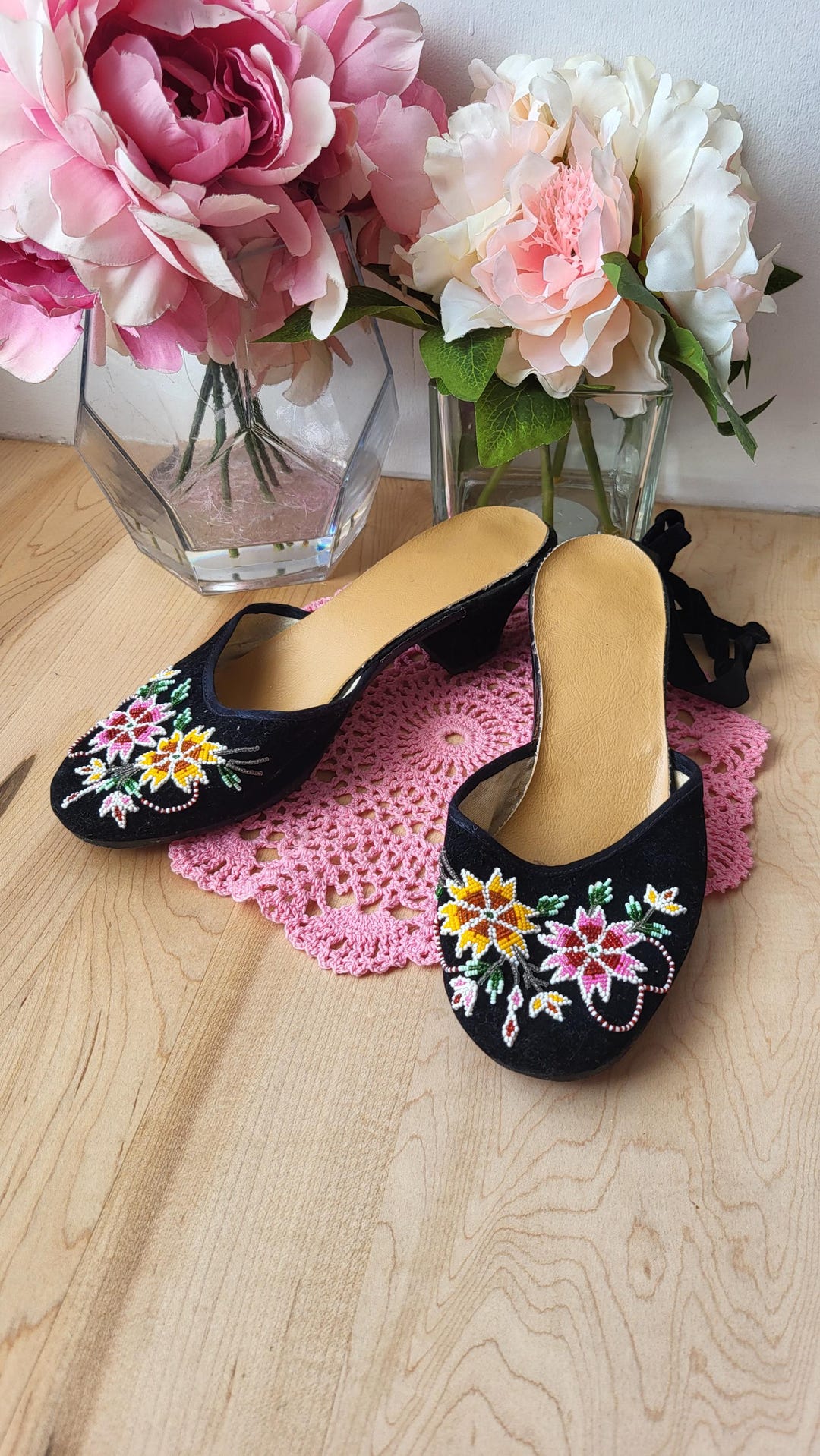 Vintage Velvet Beaded Mules Size 6 Antique French Clogs Heeled Mules ...