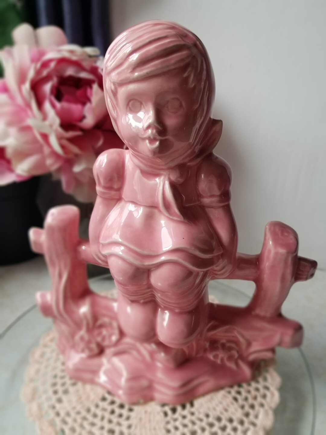 Vintage Kitsch Ceramic Little Girl Sitted on Fence All Pink 9 Handmade ...