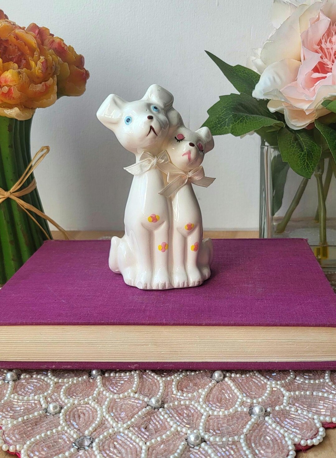 Vintage MCM Dogs Boy and Girl, Cuddling, Eyelashes, Fabric Bows ...