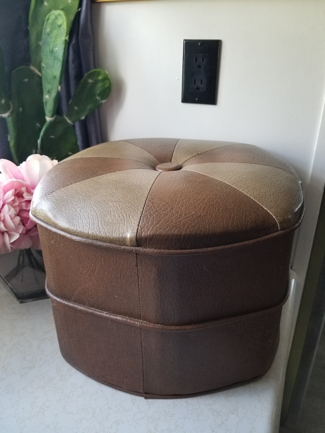 Vintage Mid-century Ottoman Retro Round Brown and Beige Vinyl Pouf - Etsy