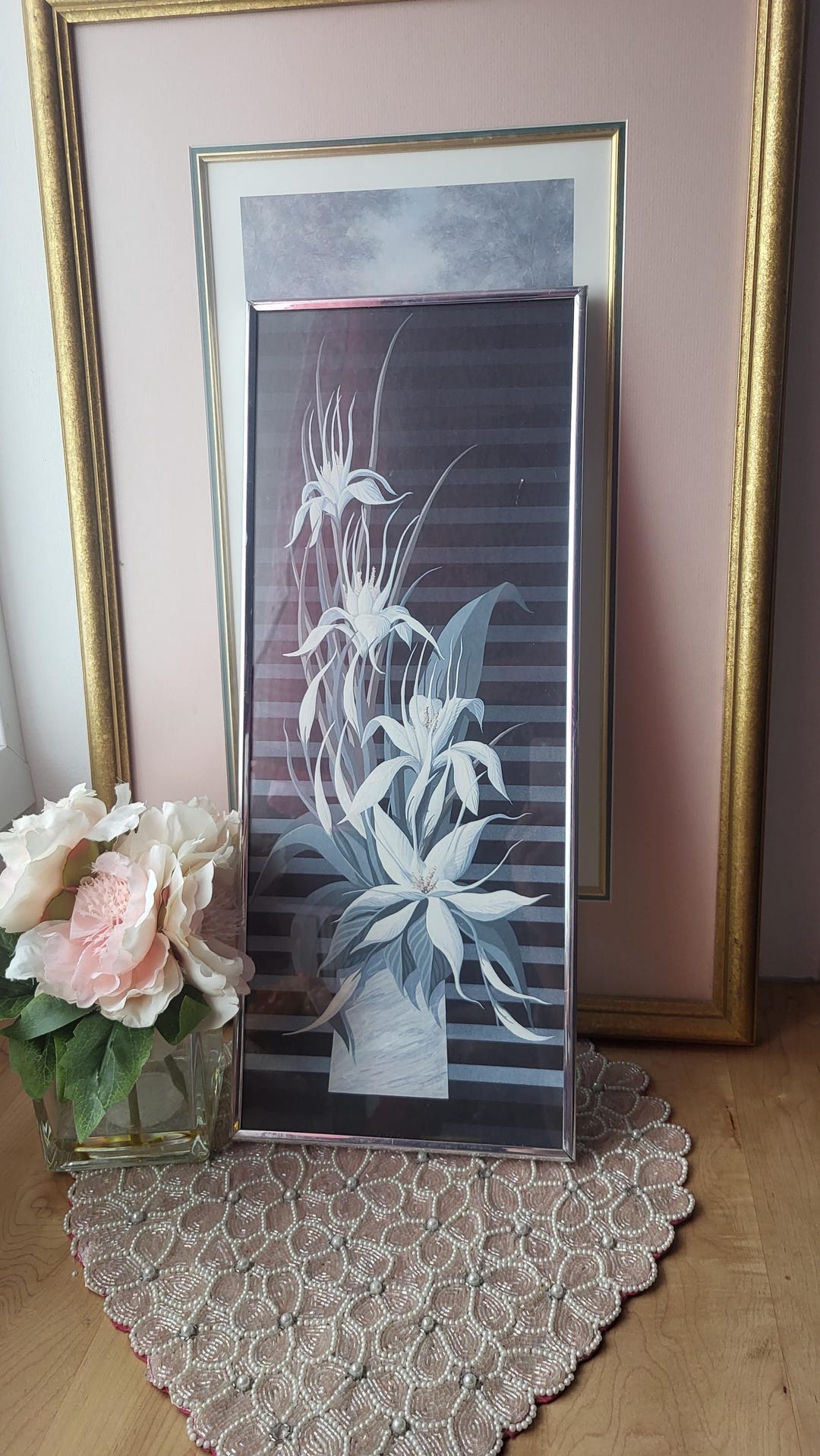 Vintage Postmodern 80s Framed Floral Vase Prints Pastel Grey Frame ...