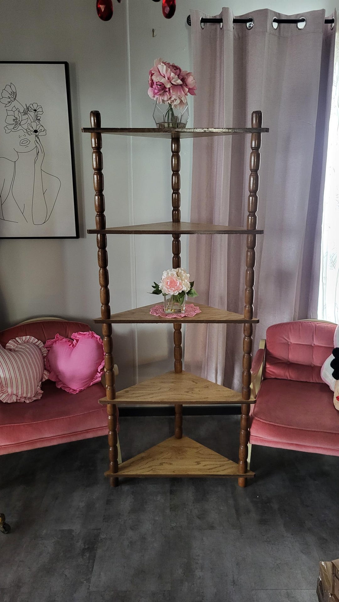 Vintage 68" MCM Wooden Corner Shelf Floor Five Tiered Spindle Vintage ...