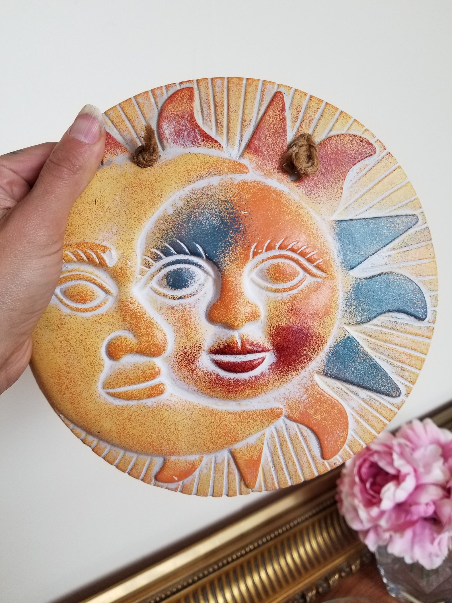 Vintage Terra Cotta Sun & Moon Wall Hanging - Etsy