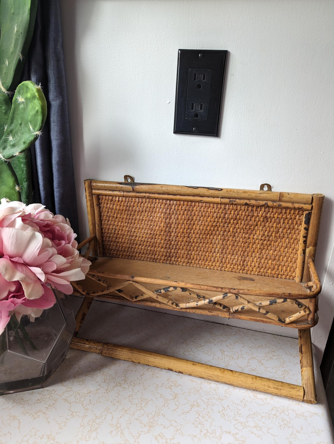 Vintage Boho Bamboo and Wicker Shelf 80s 90s Rattan Towel Rack Bamboo ...