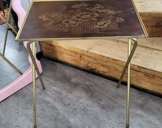Vintage Metal Tray With Stand MCM Flower Design, Metal Tray, TV Table ...