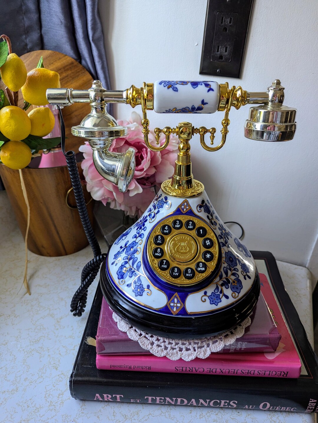 Vintage Style French Porcelain Telephone With a Floral Design Blue ...