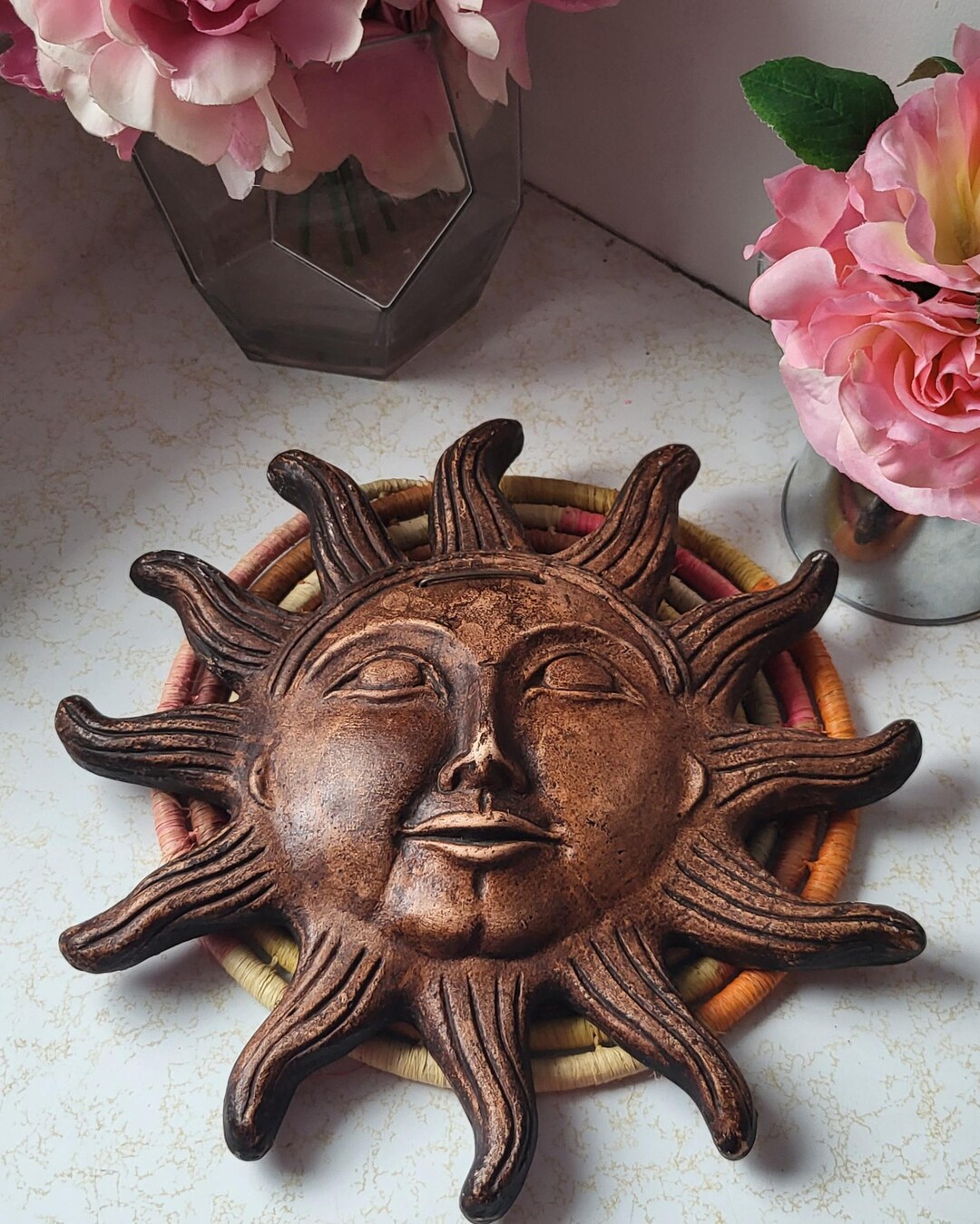 Vintage Celestial Sun Copper Coloured Terracotta Sun Face Wall Hanging ...