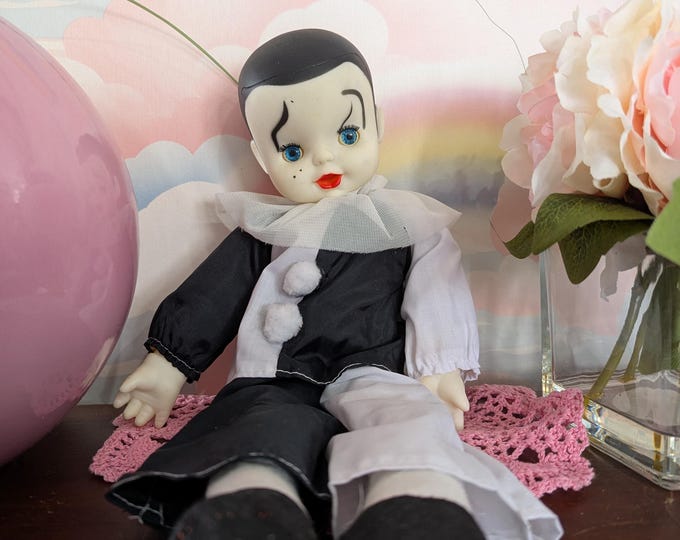 Vintage Baby Pierrot Doll Black and White Eyes Closing Plastic Head ...