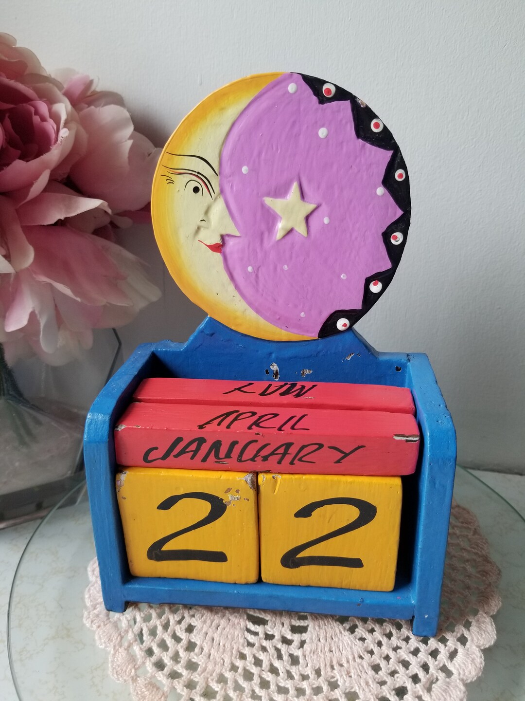 Vintage Celestial Moon Hand Painted Wooden Celestial Perpetual Calendar ...
