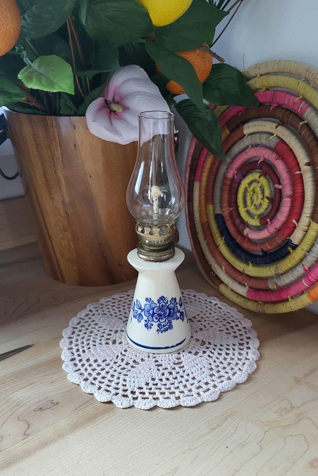 Vintage Oil Ceramic Lamp Blue Flower. Cute Little Oil Lamp. Home Decor ...