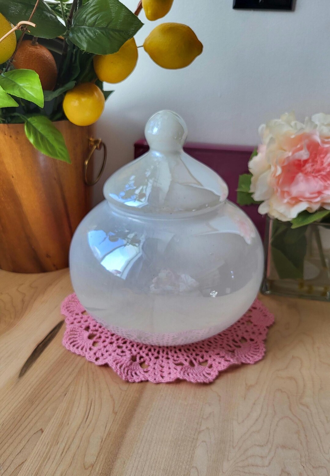 Vintage Murano Style Apothecary Candy Jar White Pearlized Italian Art ...