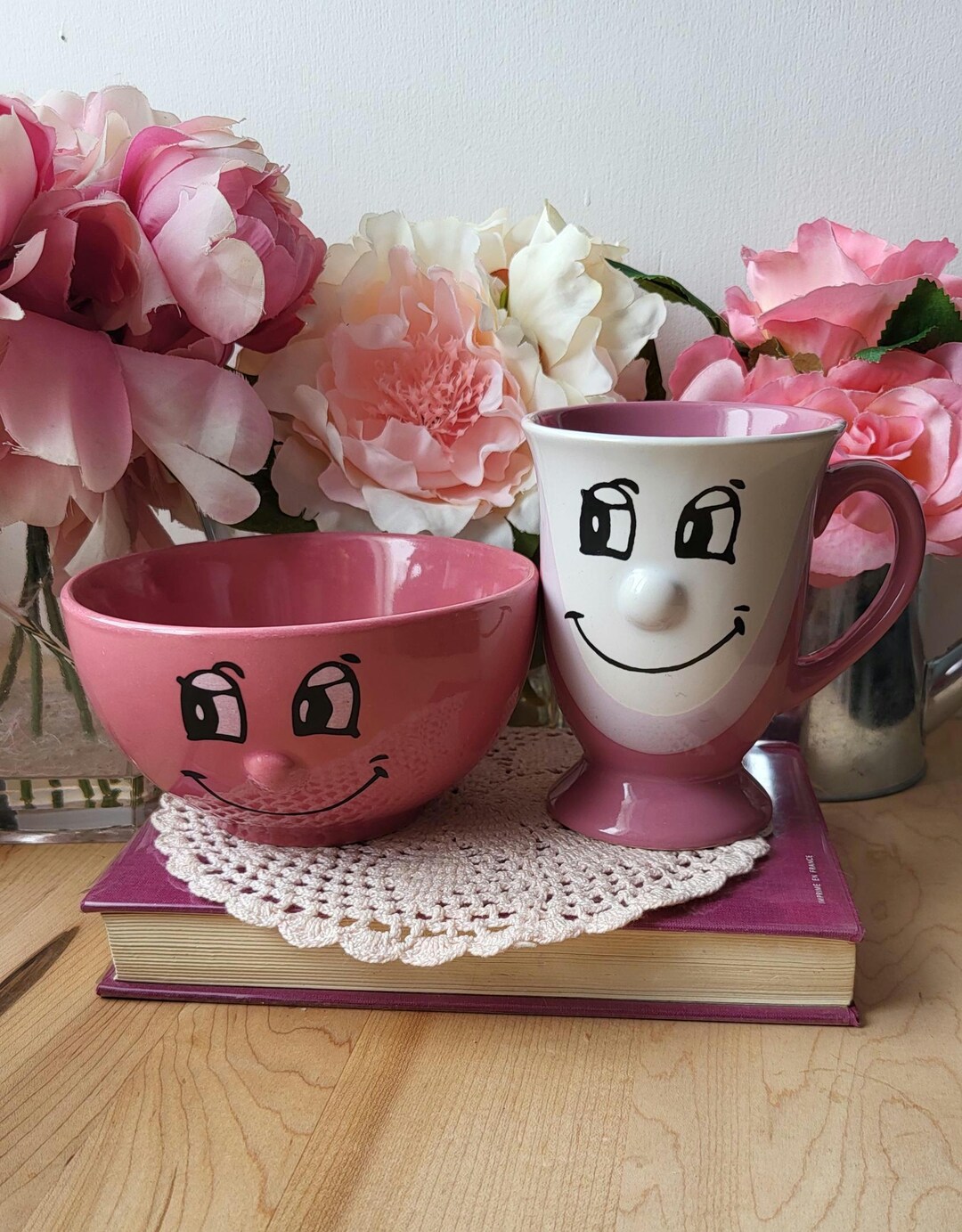 Mix Matching Pink Mauve Funny Face 3D Protruding Nose Bowl and Mug Lot ...