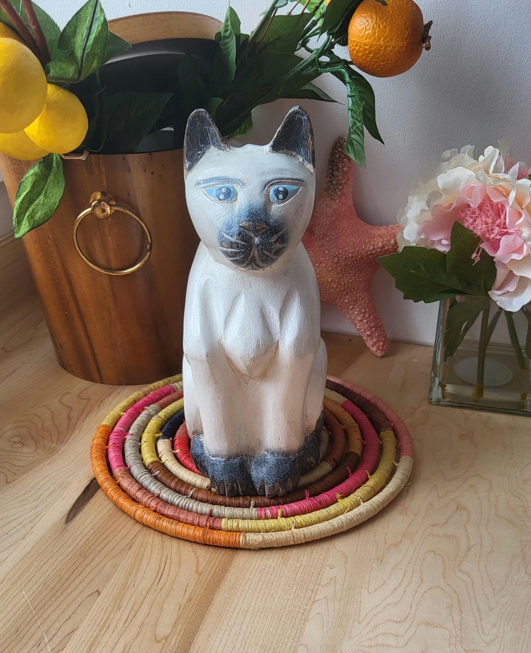 Vintage Wooden Siamese Cat Sculpture Statue Figurine Kitty. Handmade ...