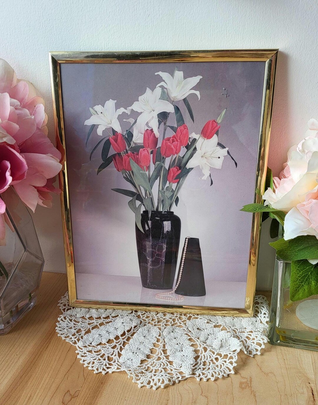 Vintage 80's Postmodern Wall Frame With Art Print Flower Vase Gold ...
