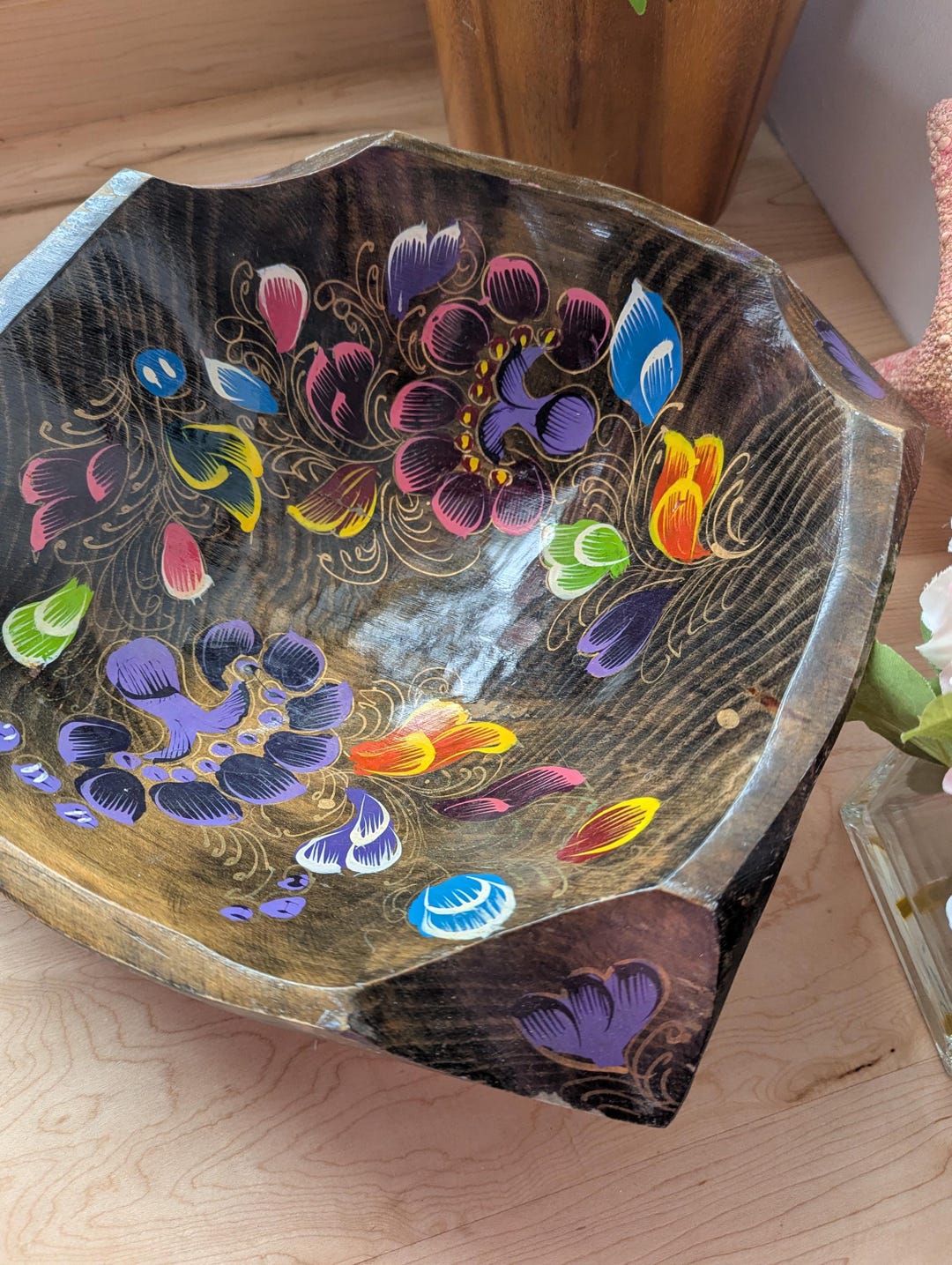 Vintage Tole Painted Wood Bowl | Vintage Wood Kitchen Bowl | Mexico ...