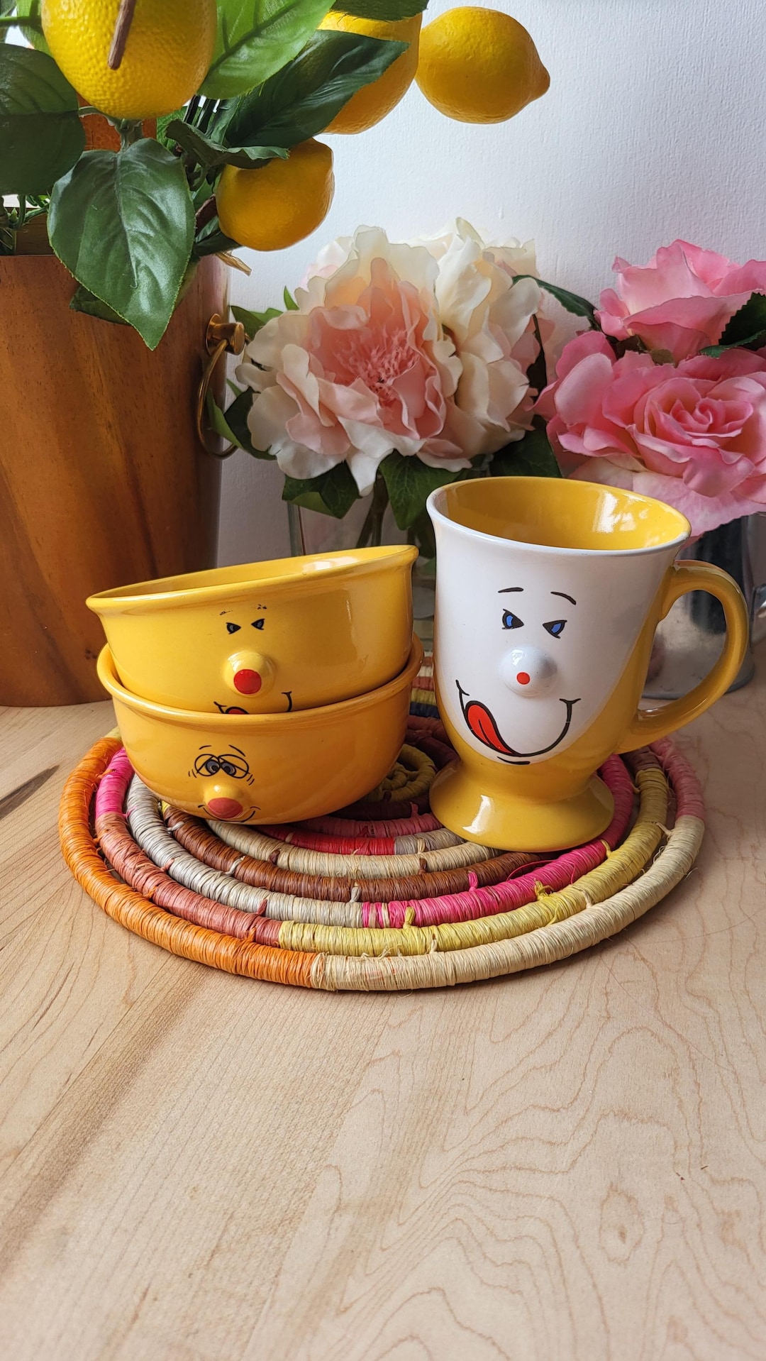 Mix Matching Set of 3 Yellow Funny Face 3D Protruding Nose Bowl and Mug ...