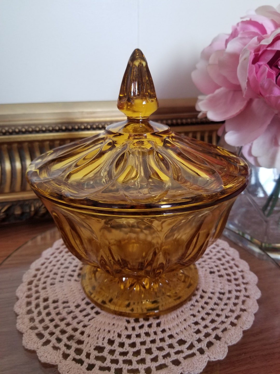 Vintage Golden Amber Glass Candy Dish, Pointed Finial Lid, Fairfield ...