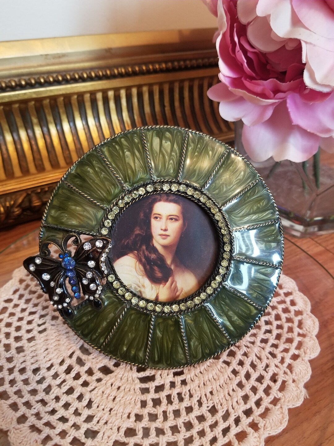 Vintage Small Round Enameled Metal Frame, Vanity Table Frame, Ornate ...