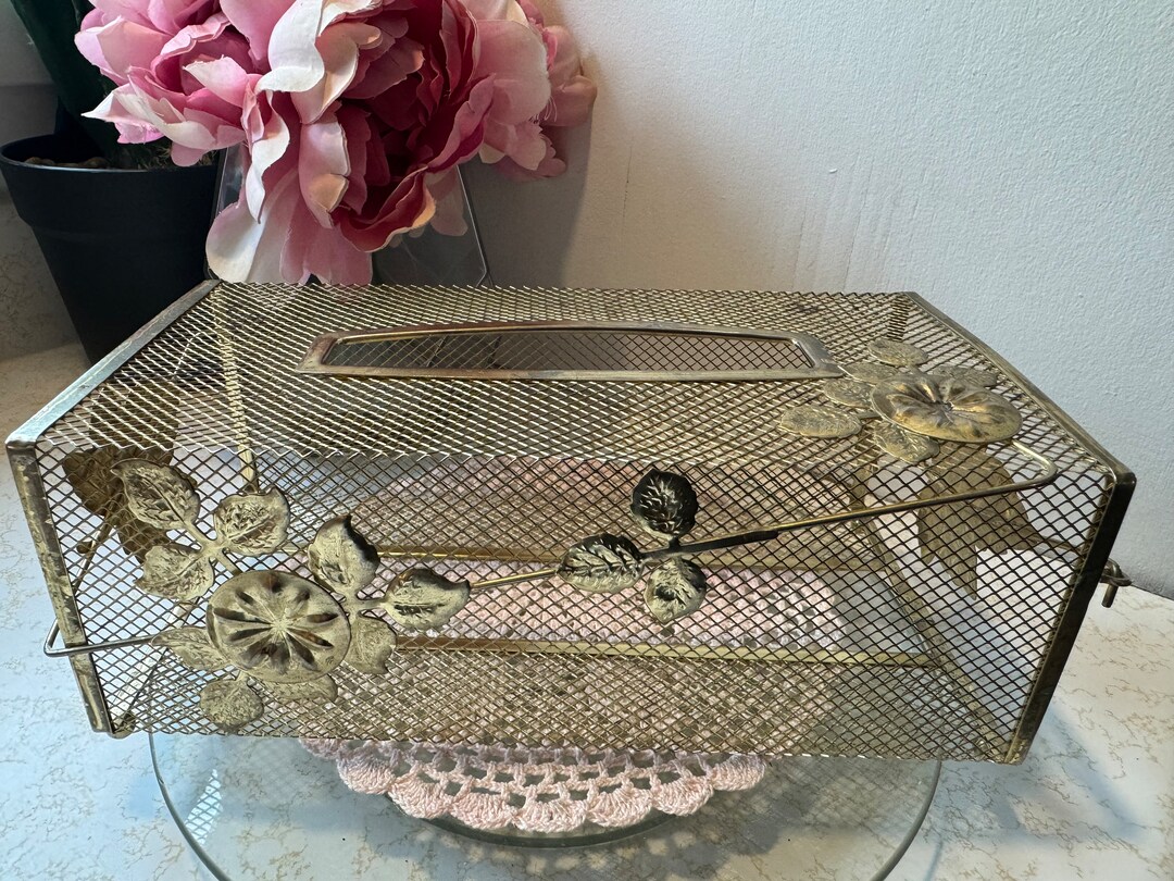 1960s Vintage Tissue Box Cover Metal Mesh With Leaves and Roses, Gold ...