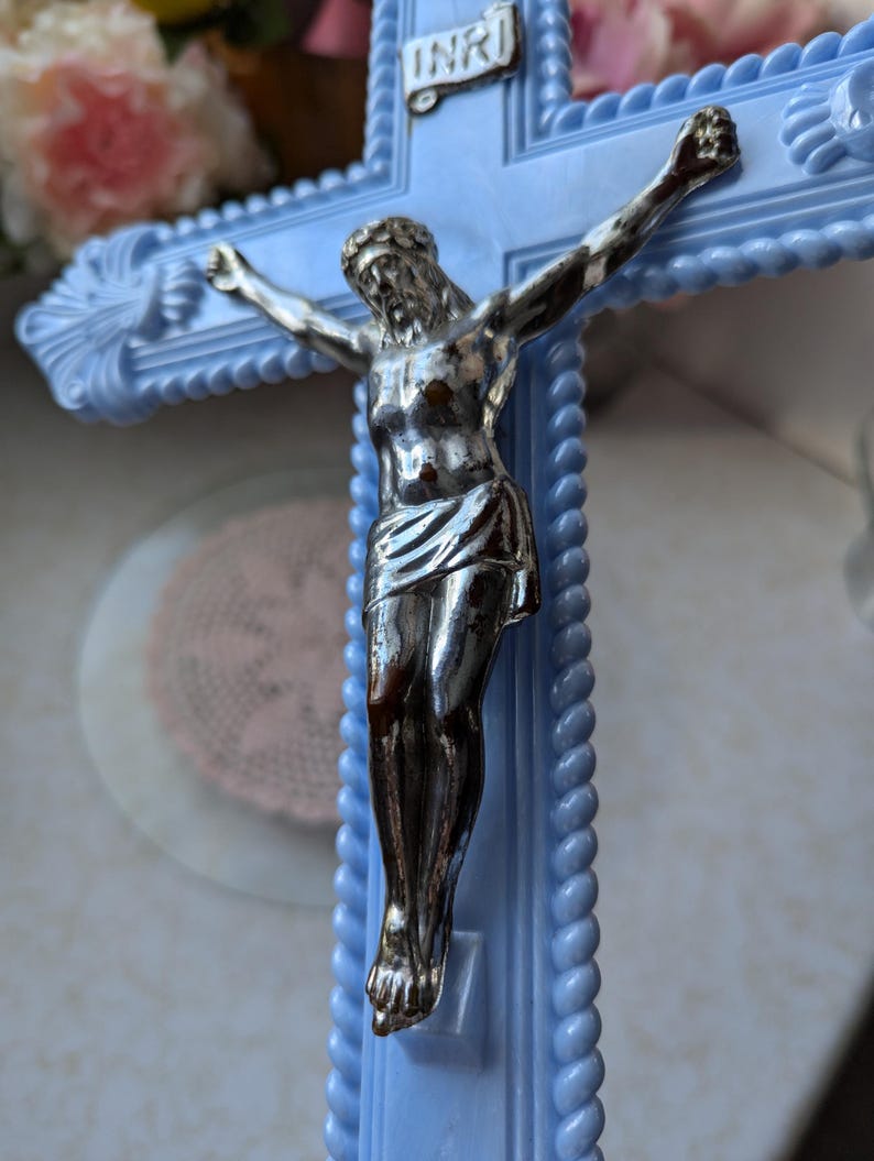 Vintage Plastic Crucifix With Christ Baby Blue Religious Decor Baptism ...