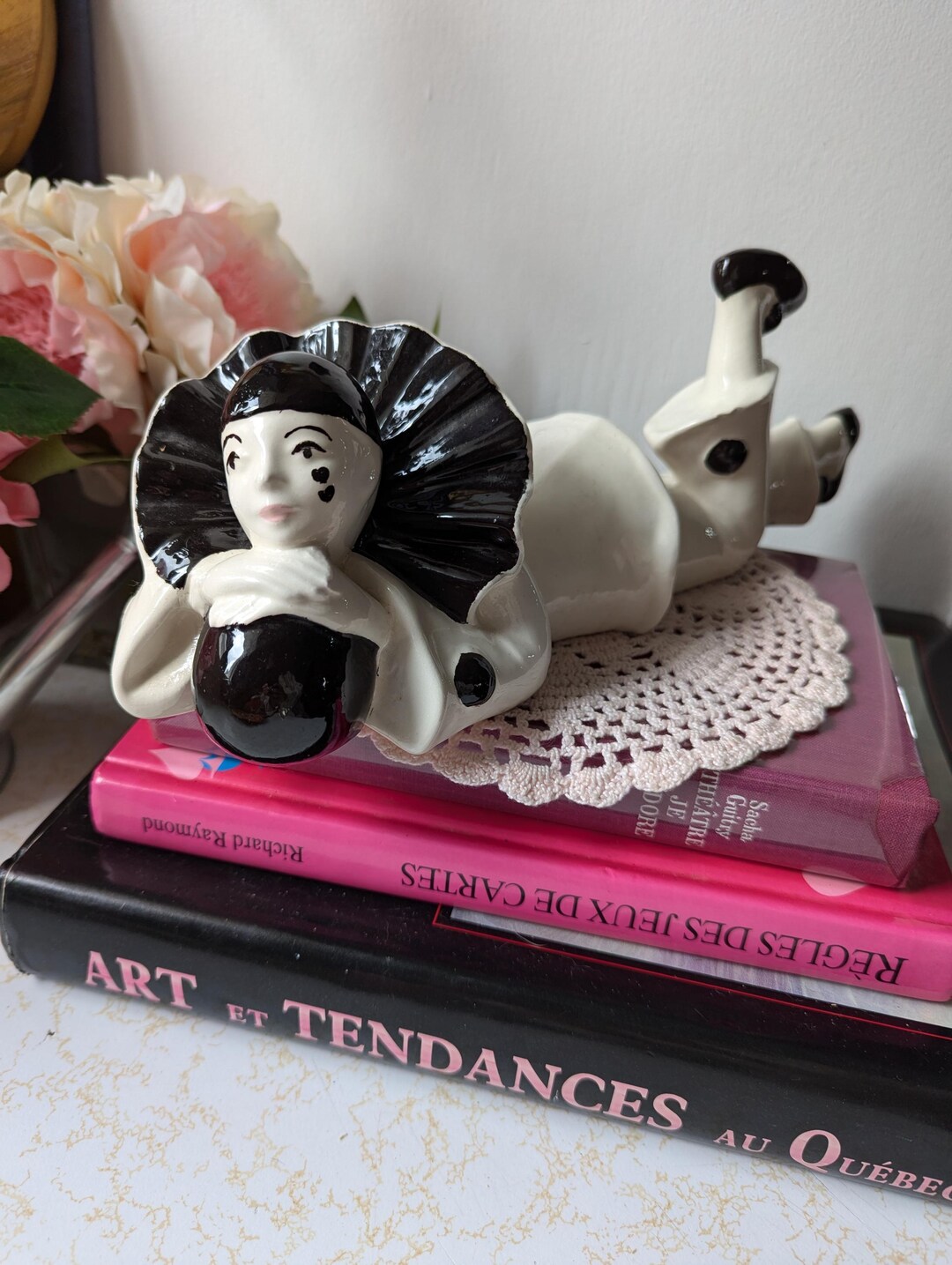 Vintage Pierrot Mime Statue Black & White Glazed Plaster Clown ...