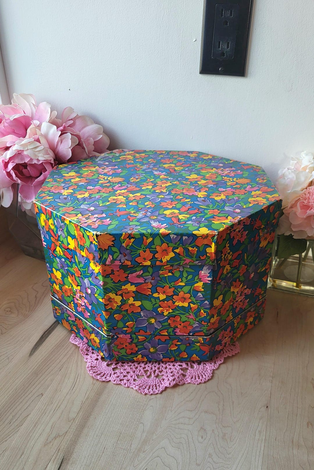 Vintage Hexagon Hat Box Decorative Floral Pattern Cardboard Storage ...