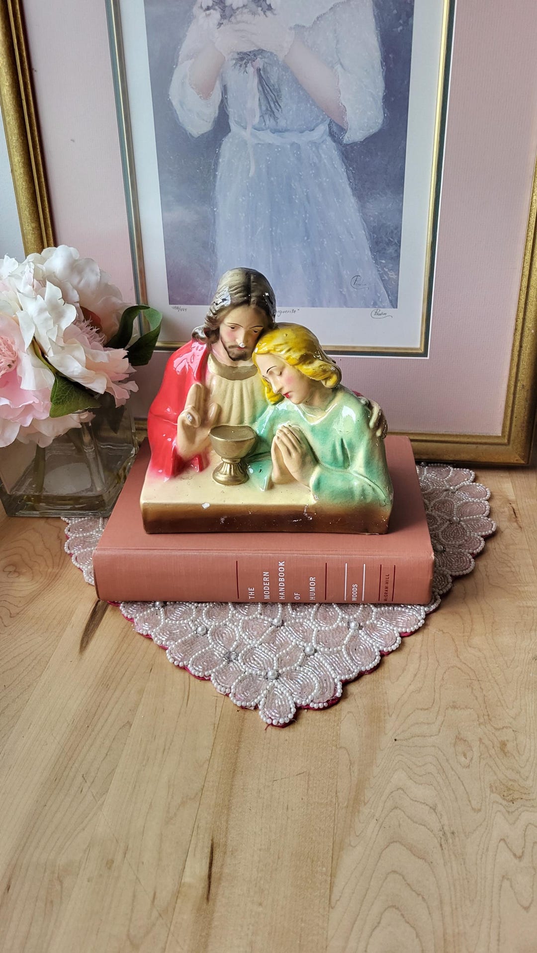 RELIGIOUS PLASTER STATUARY Jesus With Lady Praying Bust Vintage ...