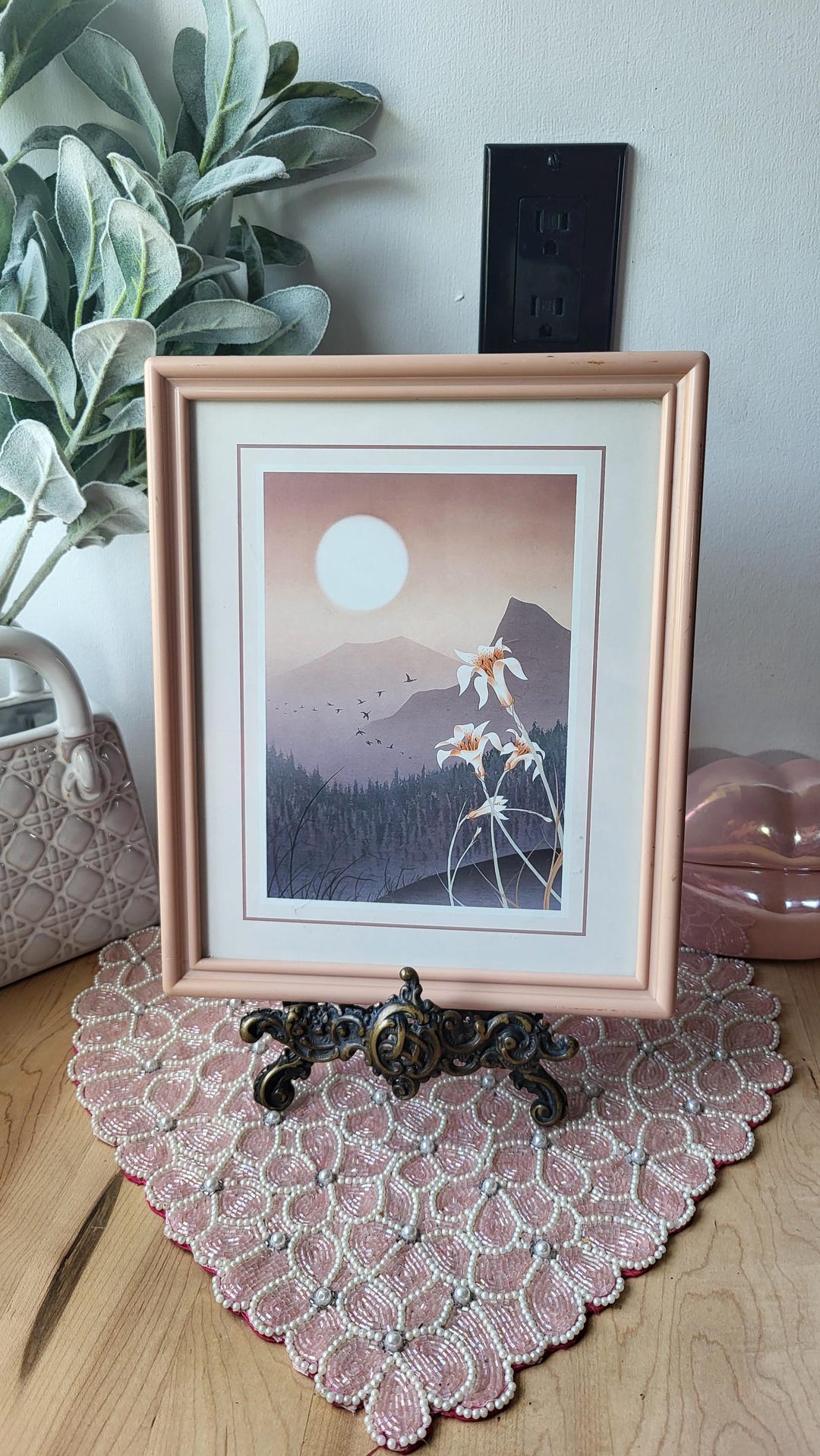 Vintage Postmodern 80s Pink Plastic Framed Floral Print With Mountains ...
