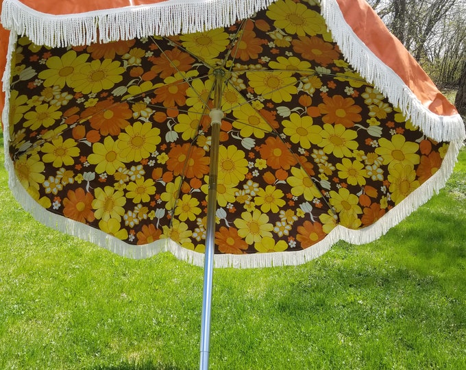 Vintage 1974 Patio Umbrella Orange & Floral Scallop FRINGE Beach HUGE ...