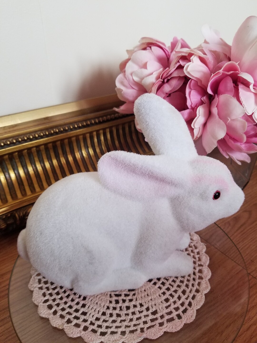 Vintage Large 60's Flocked Figure White & Pink Fuzzy Bunny Rabbit ...