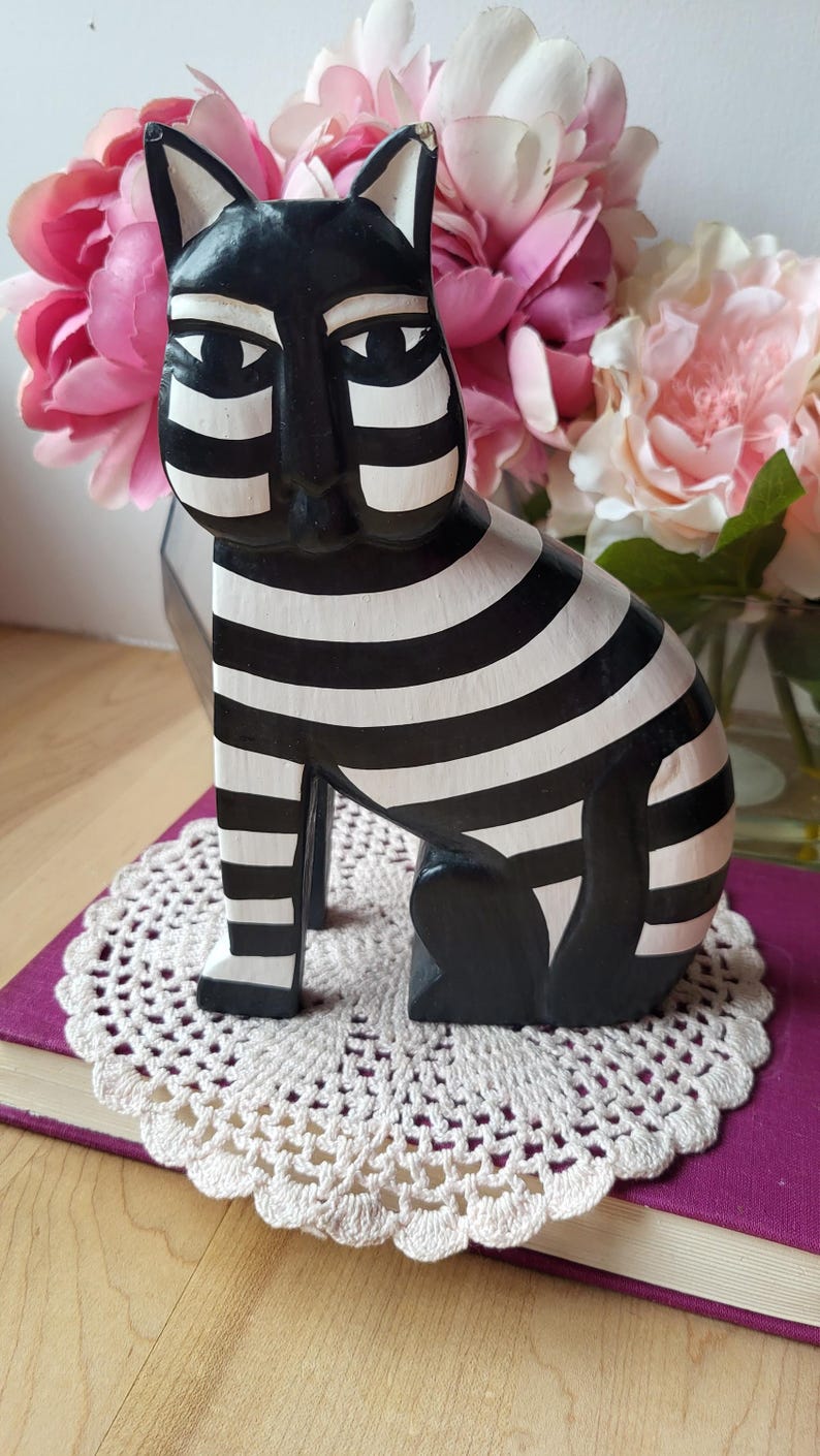 Vintage Black and White Striped Cat, Handcarved and Painted Wood ...