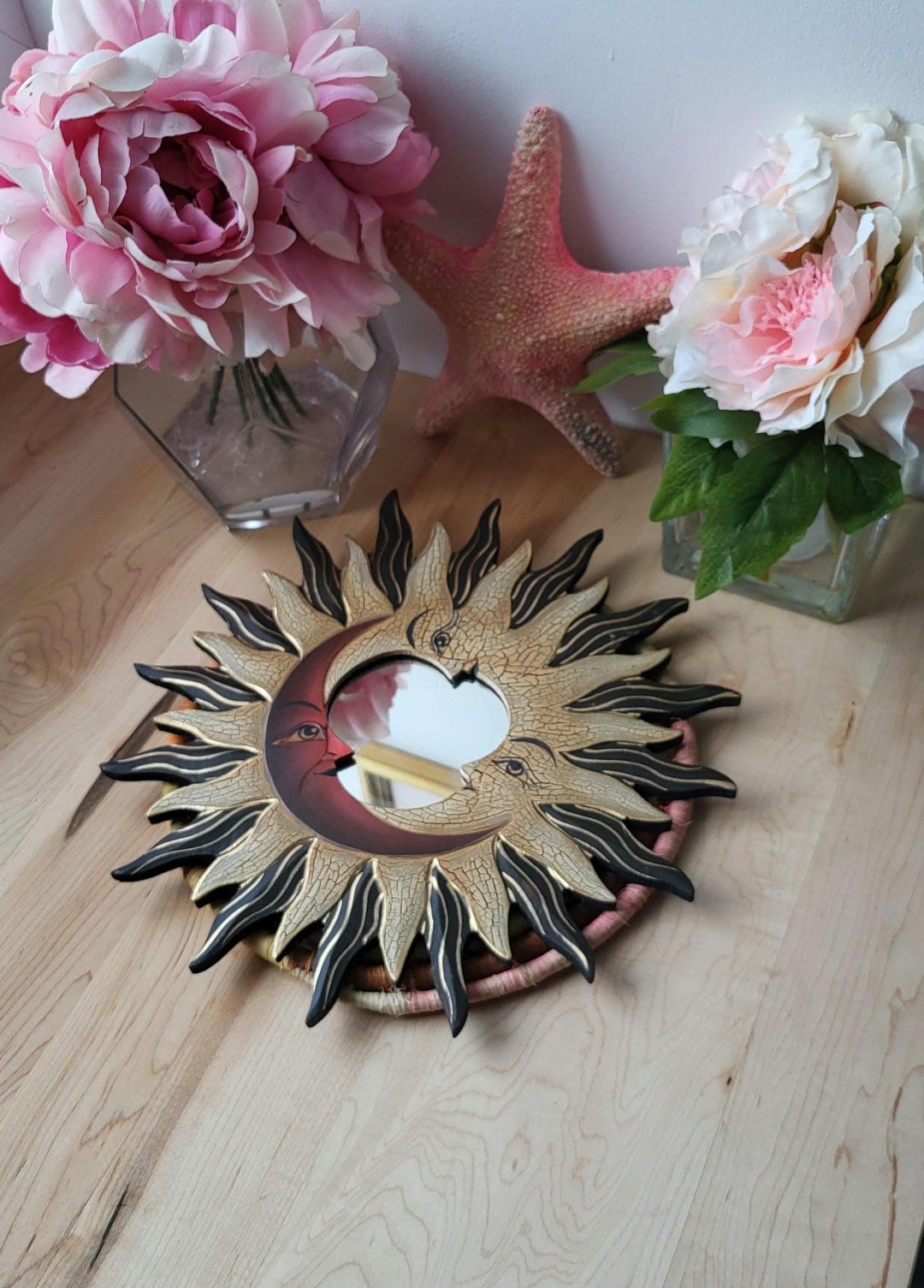 Vintage Fabulous 1990s Sun and Moon Zodiac Red Mirror, Carved Wooden ...