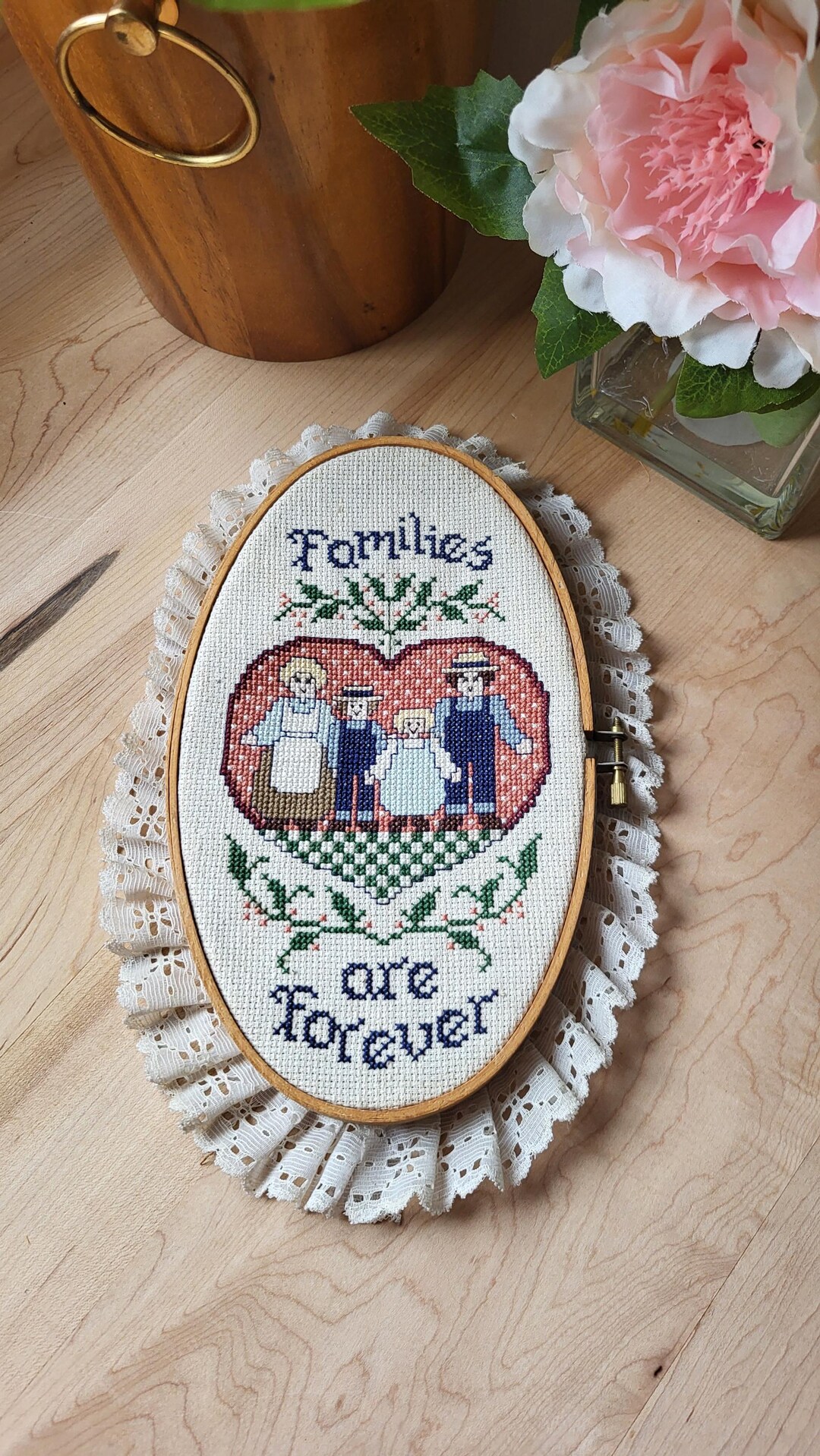 Vintage Amish Cross Stitch Wood Oval Plaque Wood Hoop Families Are ...