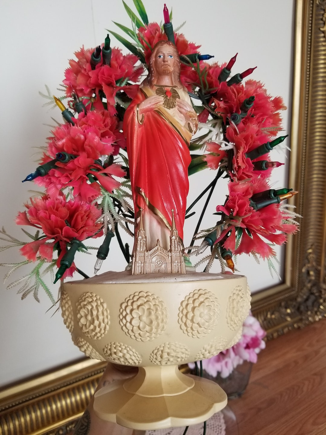 Vintage Kitsch Jesus Sacred Heart Religious Statue With Lights,flowers ...