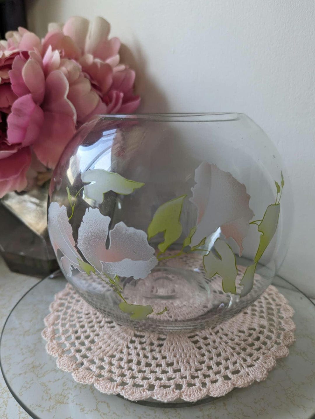 Vintage Flower Crystal Bowl, Floral Decal Bowl, Posy Bowl, Cut Glass ...