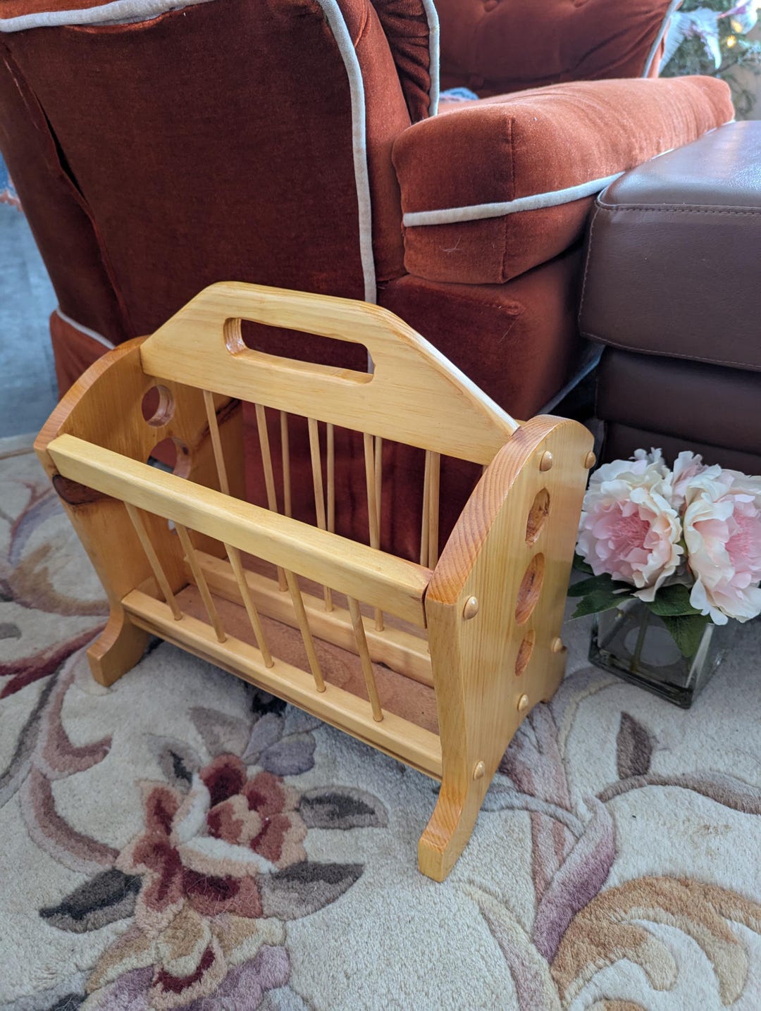 Vintage Wooden Newspaper Rack MCM Home Organization Floor Magazine Rack ...