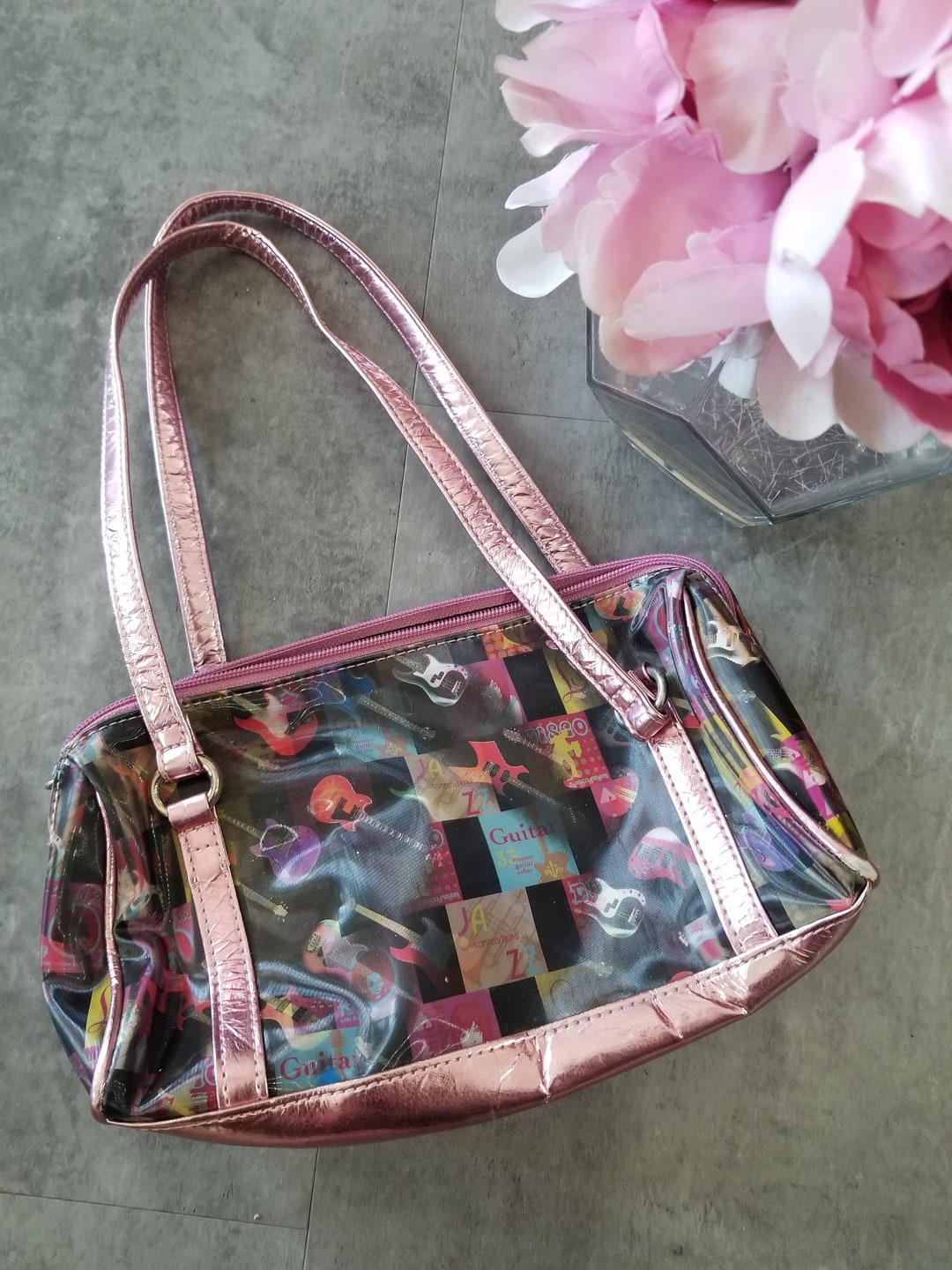 Vintage Y2K Metalic Pink & Relief Images Love Guitard Disco Colorful ...