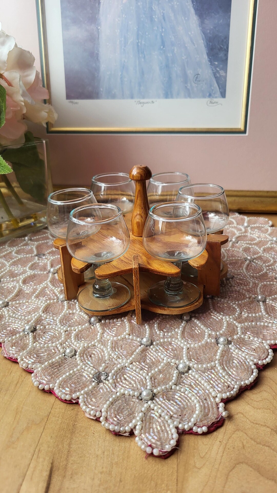 Vintage Set of Digestive Glasses and Wooden Stand. Drink Serving Tray ...
