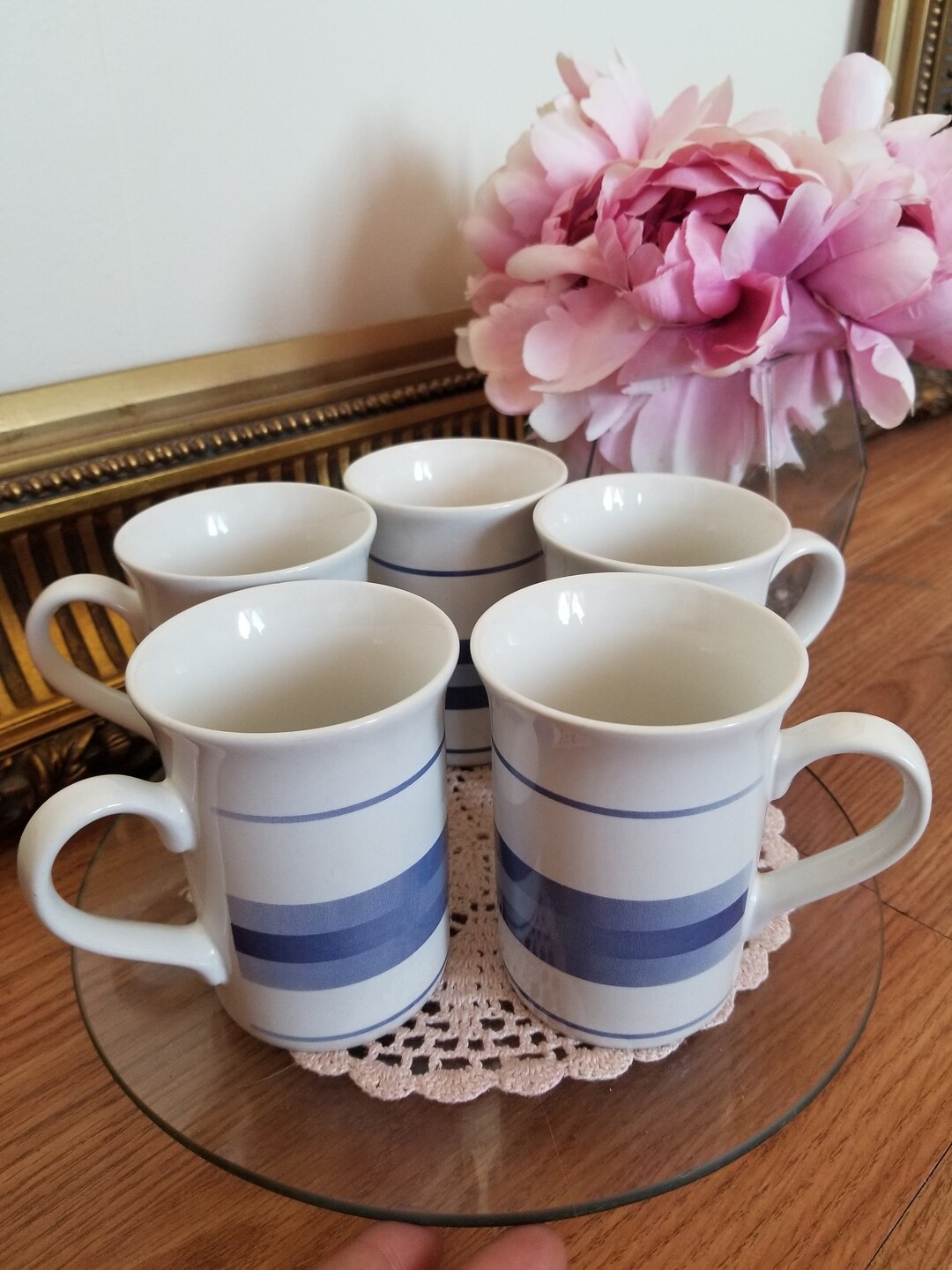 Vintage Set of 5 Blue Striped Coffee Mugs 80s Collection Manoir Korea ...