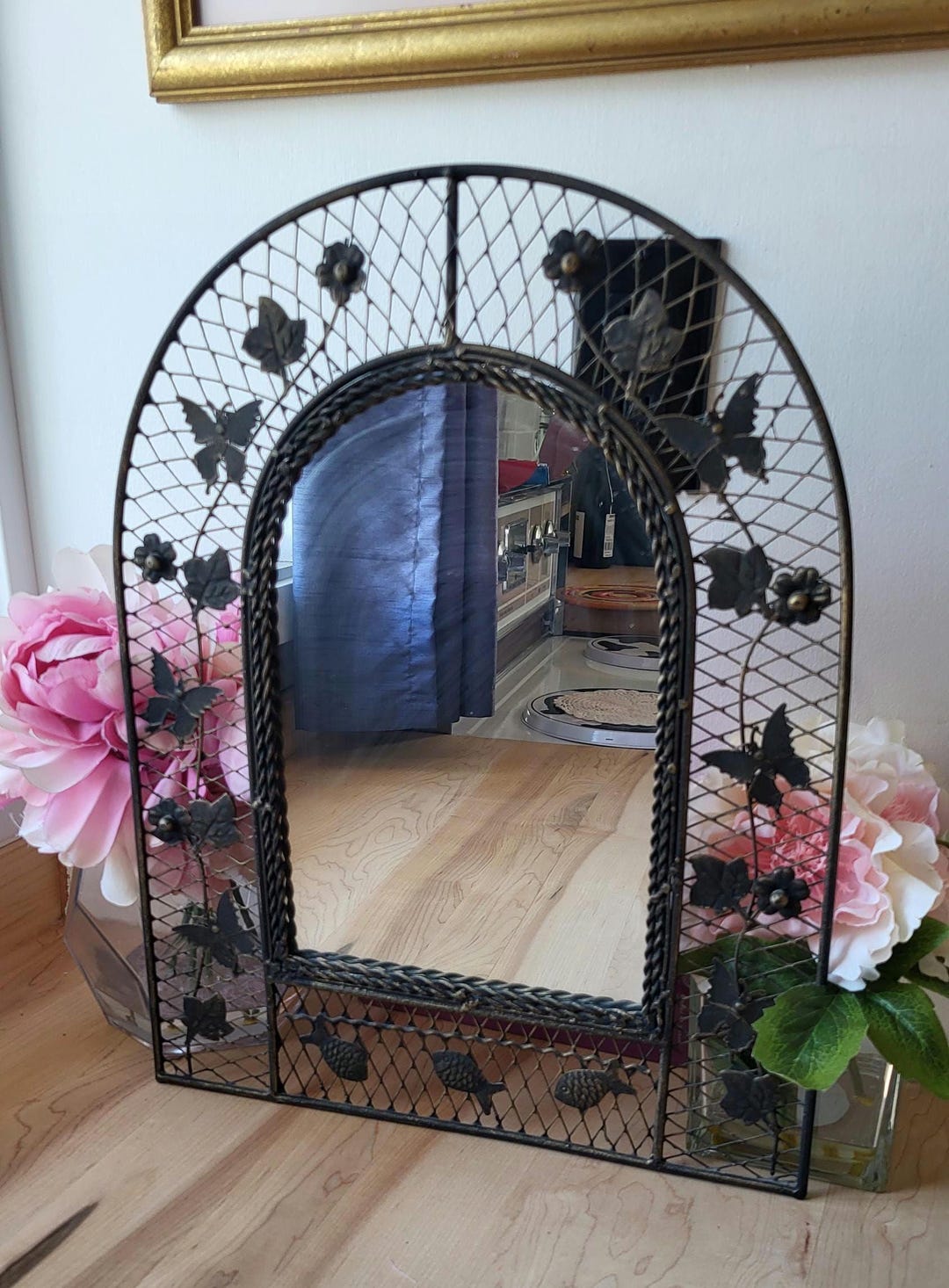 Vintage Curled Iron Mirror With Hinged Iron Butterflies Flowers ...
