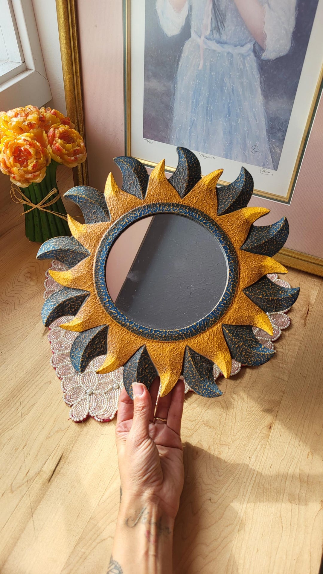 Vintage 90's Wooden Celestial MIRROR Blue Yellow Sun Mirror - Etsy