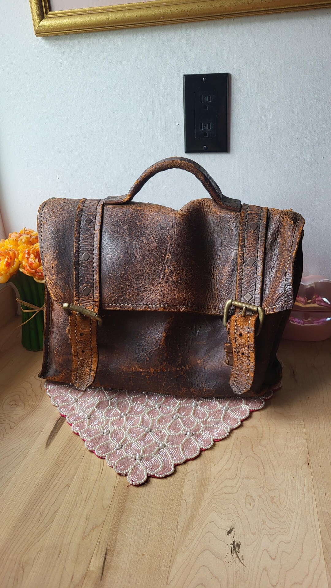 Vintage Antique Rugged Leather Briefcase, Mens Leather Messenger Bag ...