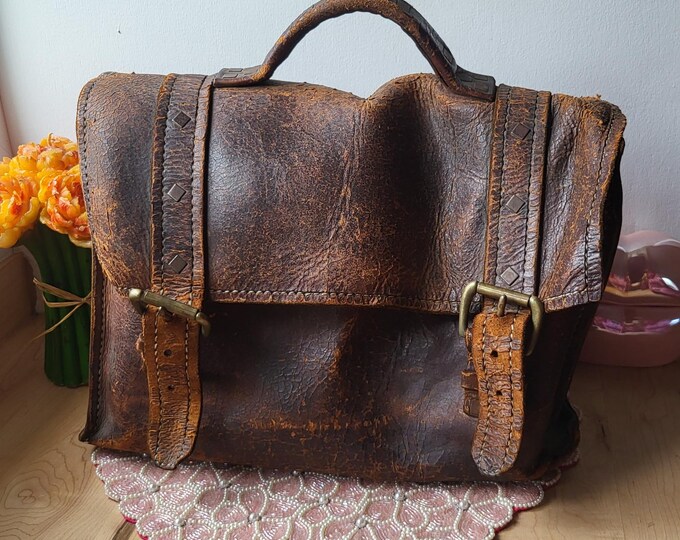 Vintage Antique Rugged Leather Briefcase, Mens Leather Messenger Bag ...