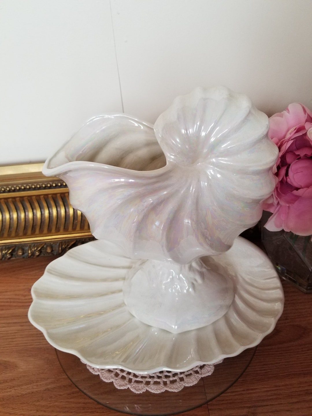 Vintage Iridescent Ceramic Conch Shell Planter and Under Plate - Etsy