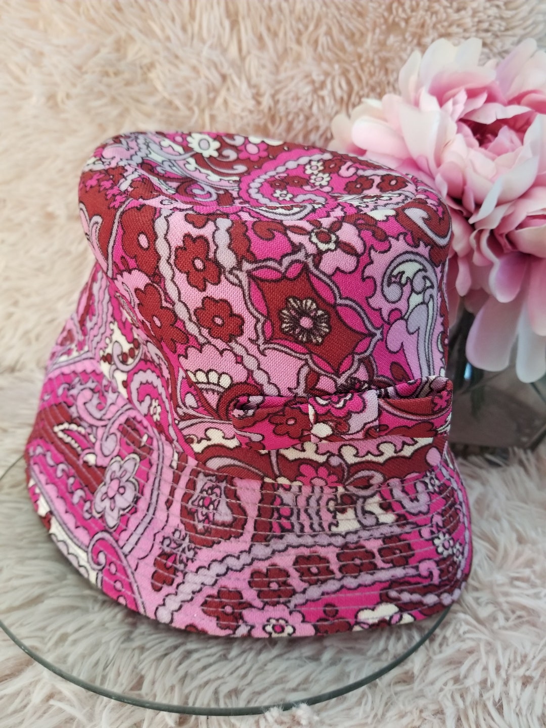 Vintage 70's Authentic Nadelle Bob Hat Flower Pattern Hat Pink Red ...