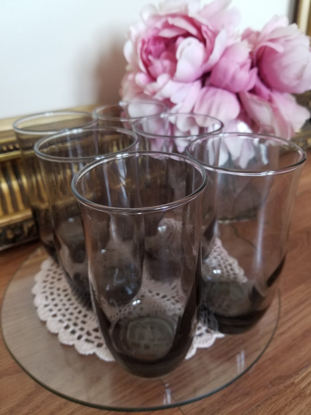 Set of 6 Vintage MCM Smoked Glass Highball Juice Glasses, Cocktail ...