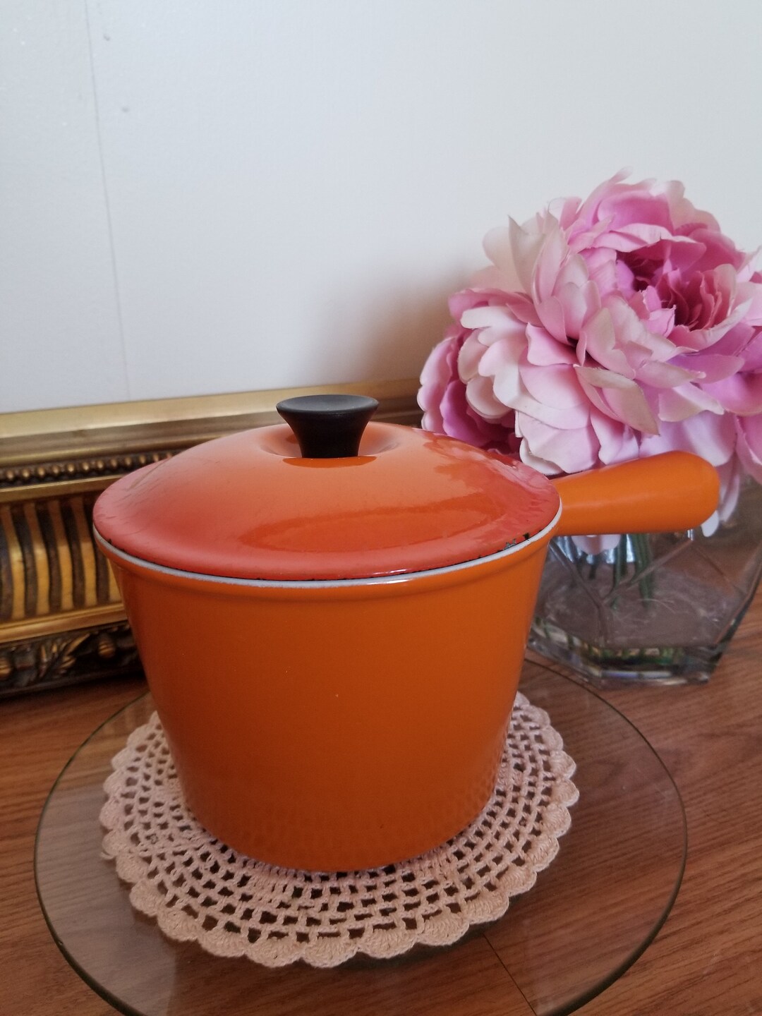 Vintage LE CREUSET Orange Lidded Fondue Pot, Colorful Enamel Fondue Pot ...