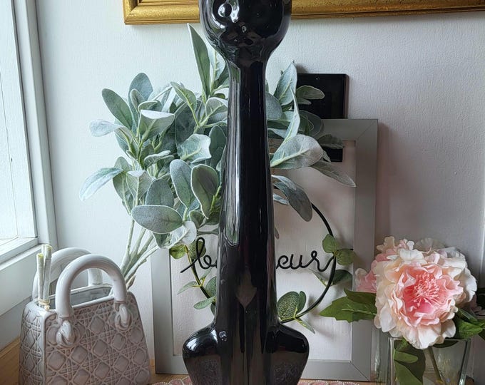 Vintage Art Deco 80's Long Neck Cat Large Glazed Black Ceramic 21" Tall ...