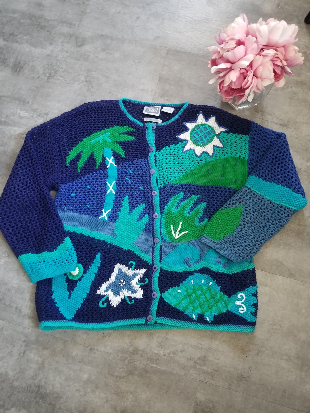 90s Novelty Sigrid Olsen Kite Hand Knit Cardigan Sweater Beach Vibes ...