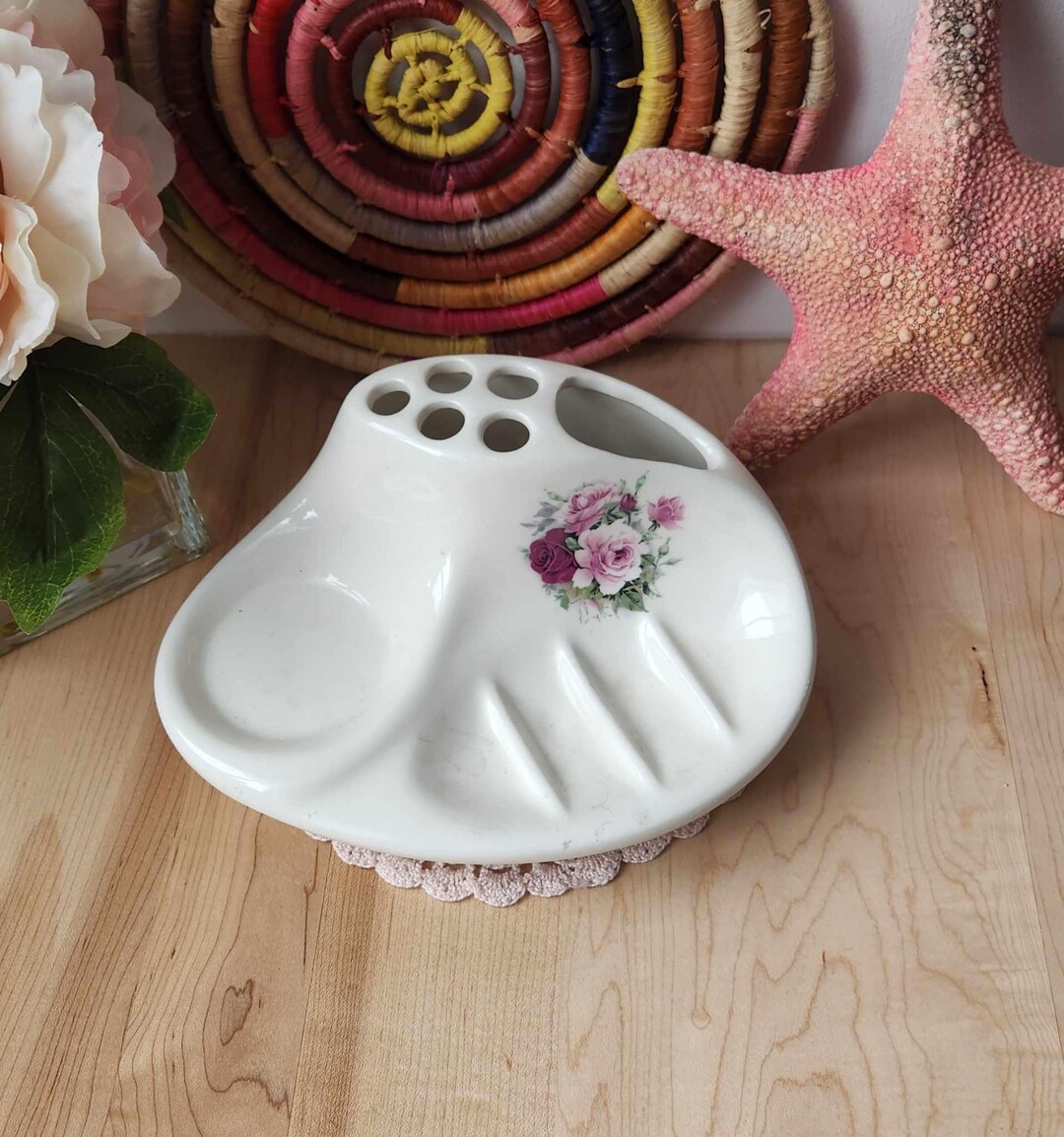 Vintage Bathroom Valet Ceramic Floral Toothbrush Holder Soap Dish. - Etsy